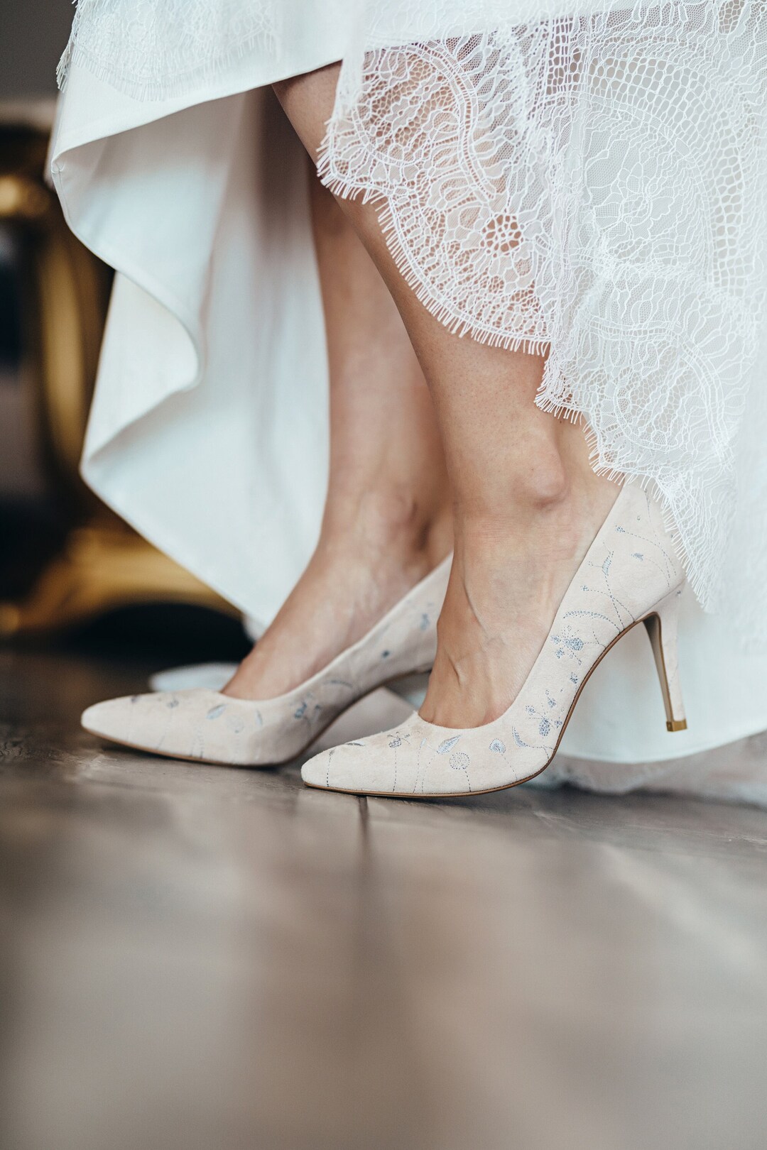 Ivory Wedding Pumps With Floral Handmade Embroidery, Bridal Shoes With ...