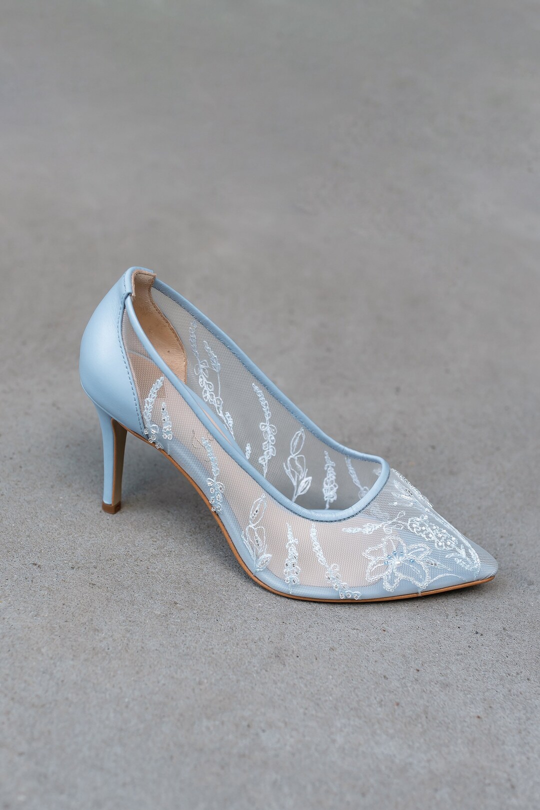 Blue Wedding Pumps With High Pointy Heel and Wildflower Embroidery ...