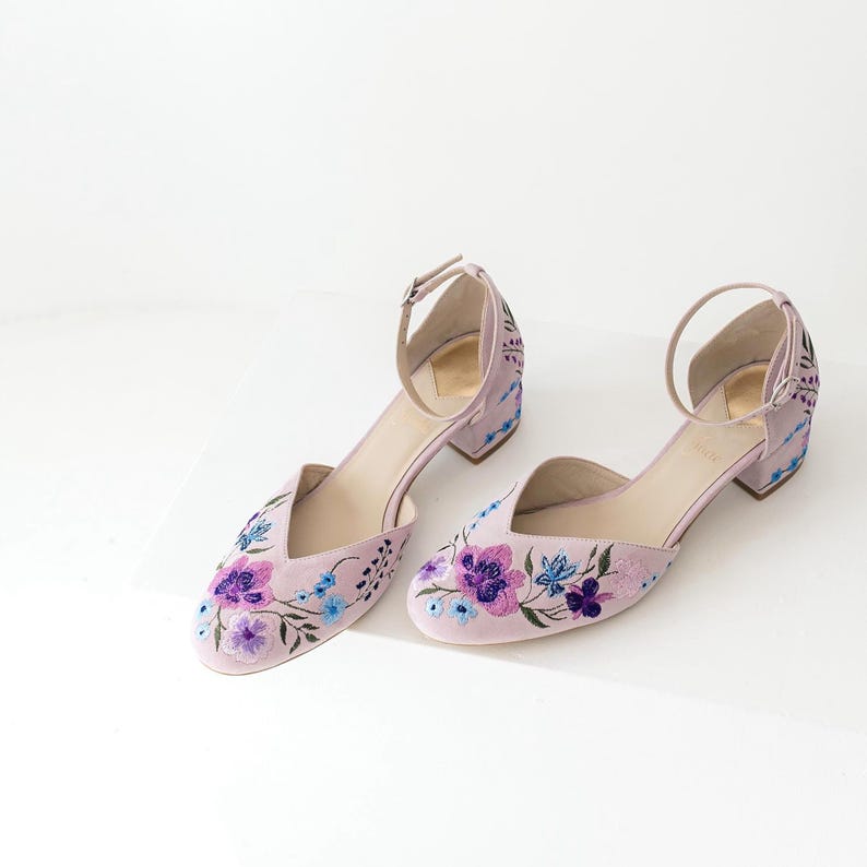 Purple Bridal Shoes With Custom Flower Embroidery, Suede Wedding Block ...