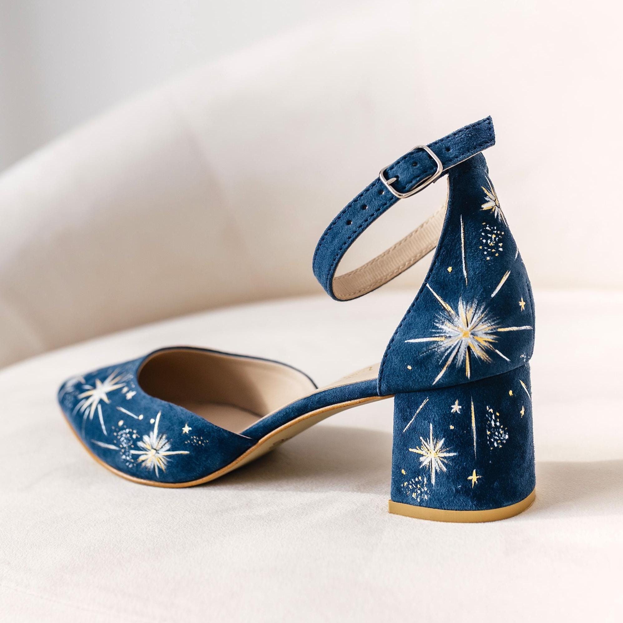 Blue Hand Painted Celestial Bridal Sandals With Stars, Wedding Shoes ...