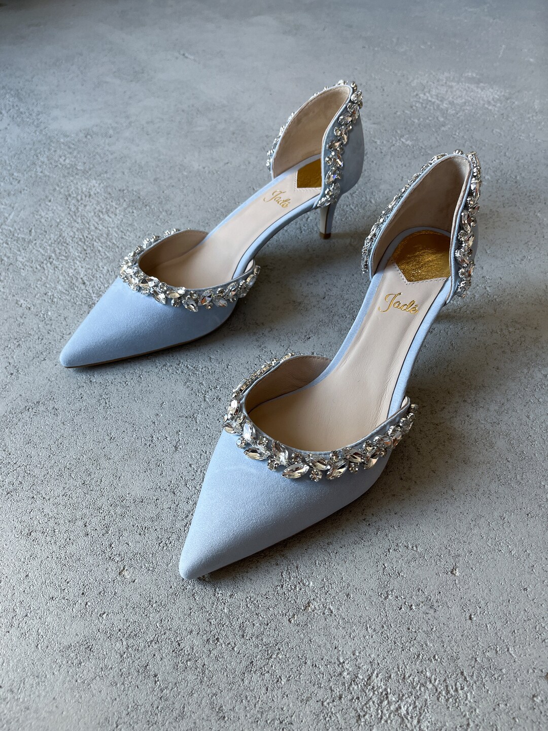Blue Wedding Pumps With Sparkling Crystals, Low Heel and Pointed Toe ...
