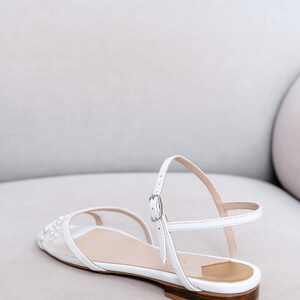 White Wedding Sandals With Flat Heel and Open Peep Toe, Slingback ...