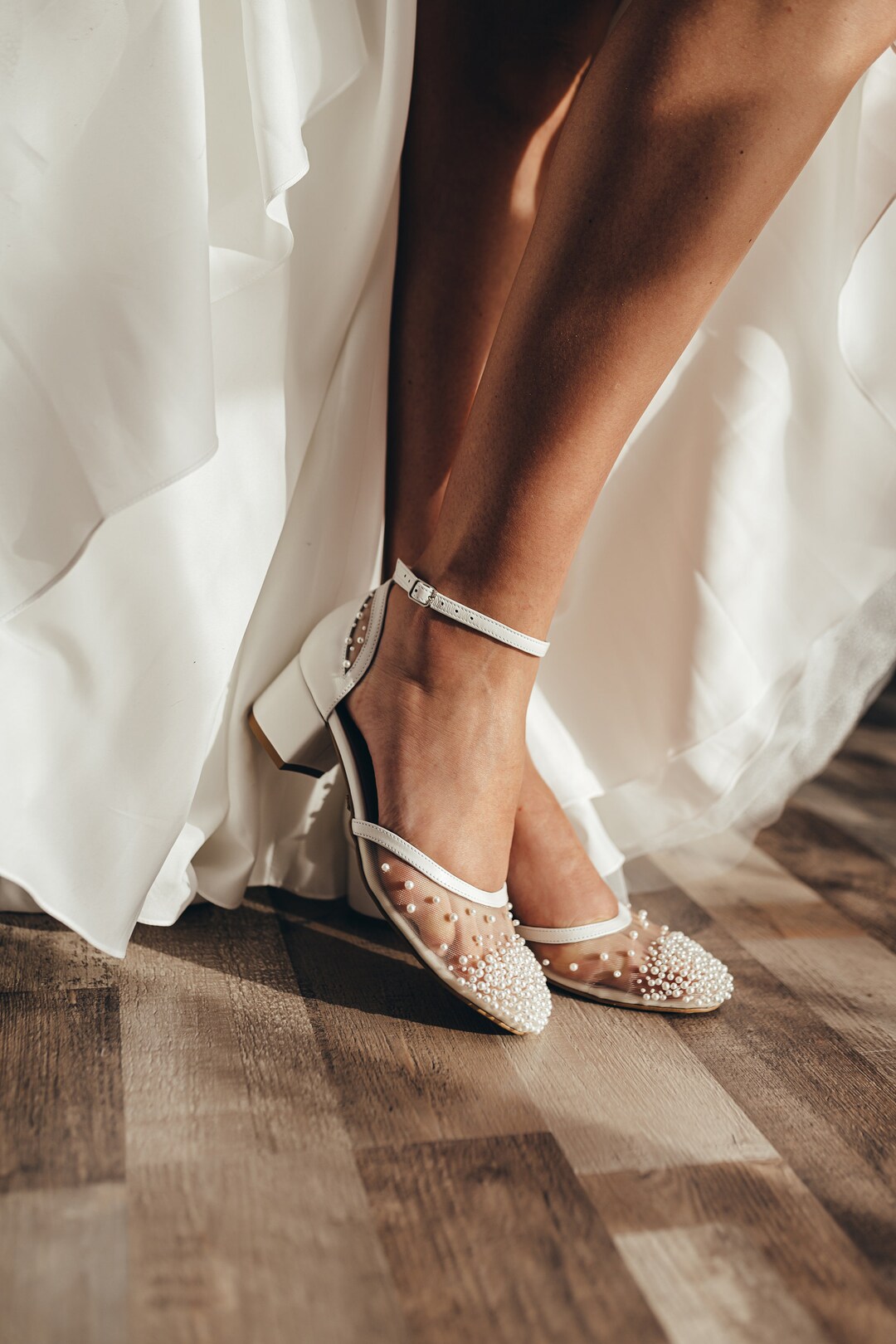 White Wedding Shoes With Pearl Embroidery on Almond Toe and Low Block ...