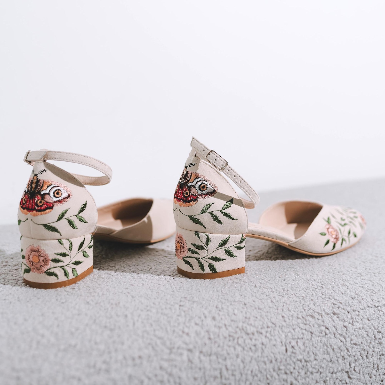 Ivory Bridal Sandals With Moth Embroidery, Handmade Floral Butterfly ...