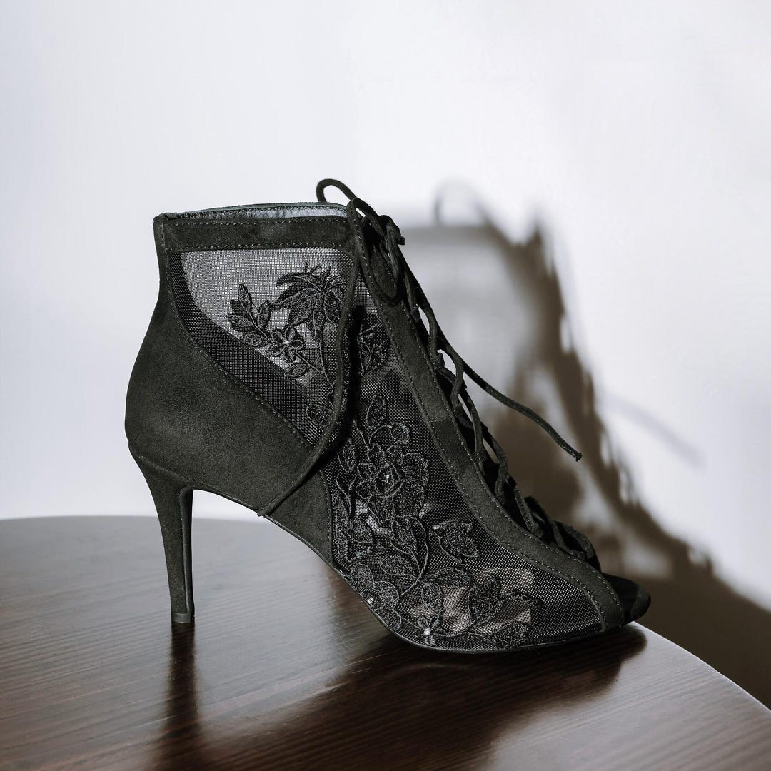 Black Lace Bridal Booties With High Pointy Heels and Suede Laces ...
