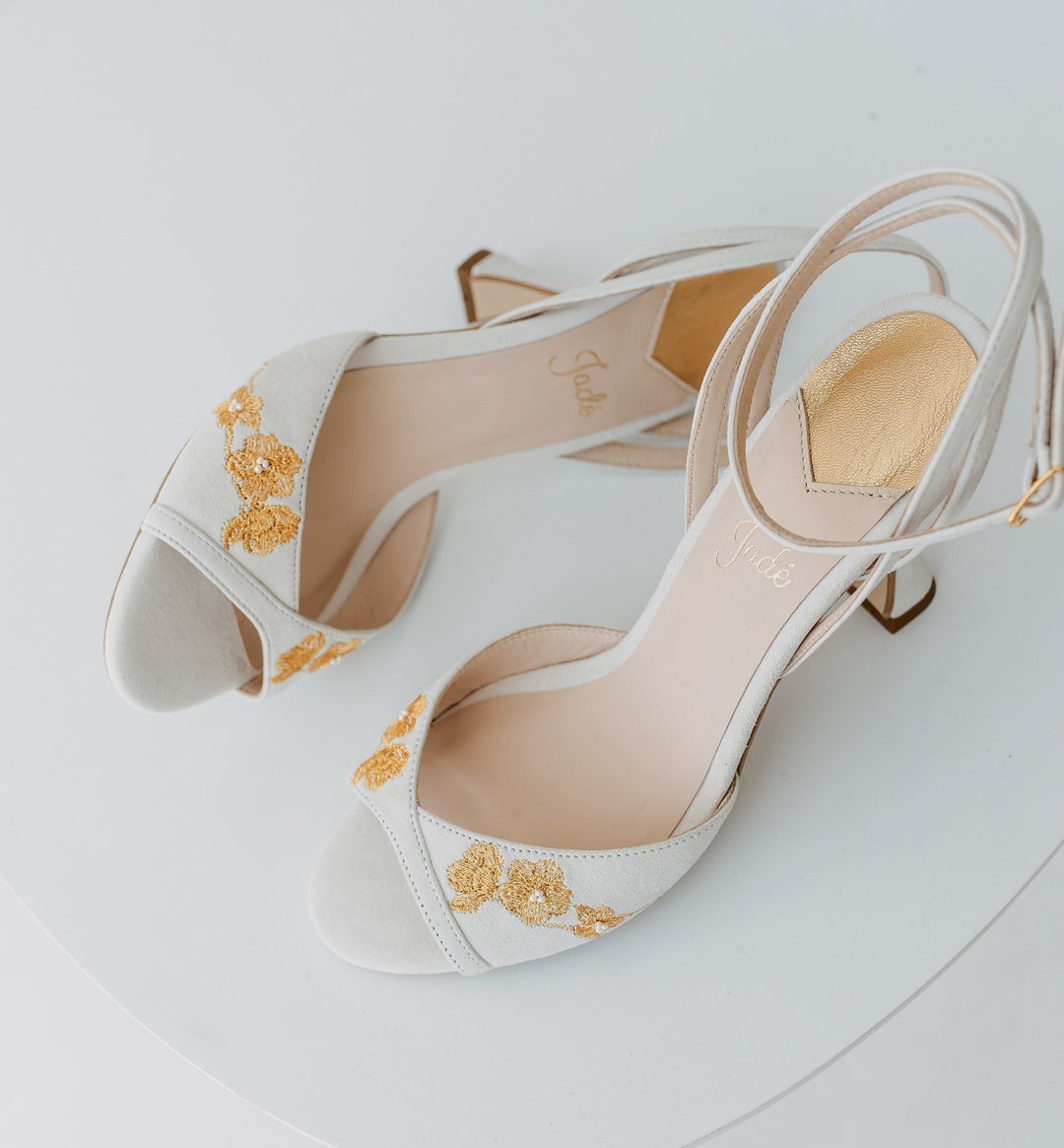 White Wedding Sandals With Marigold Embroidery and Slim Curvy Heels ...