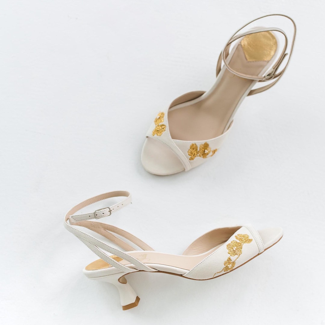 Ivory Wedding Sandals With Marigold Embroidery and Low Curvy Heels ...