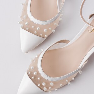 White Wedding Shoes With Low Block Heels, Closed Toe and Pearl ...