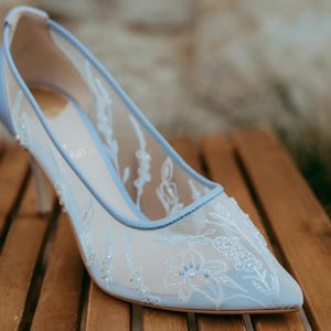 Blue Wedding Pumps With High Pointy Heel and Wildflower Embroidery ...