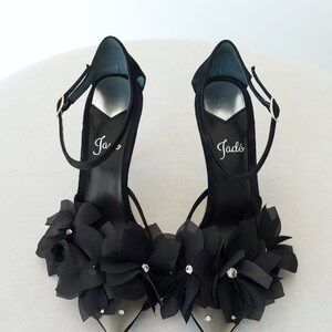 Black Wedding Shoes With Black Flowers and Pointy High Heels, Floral ...
