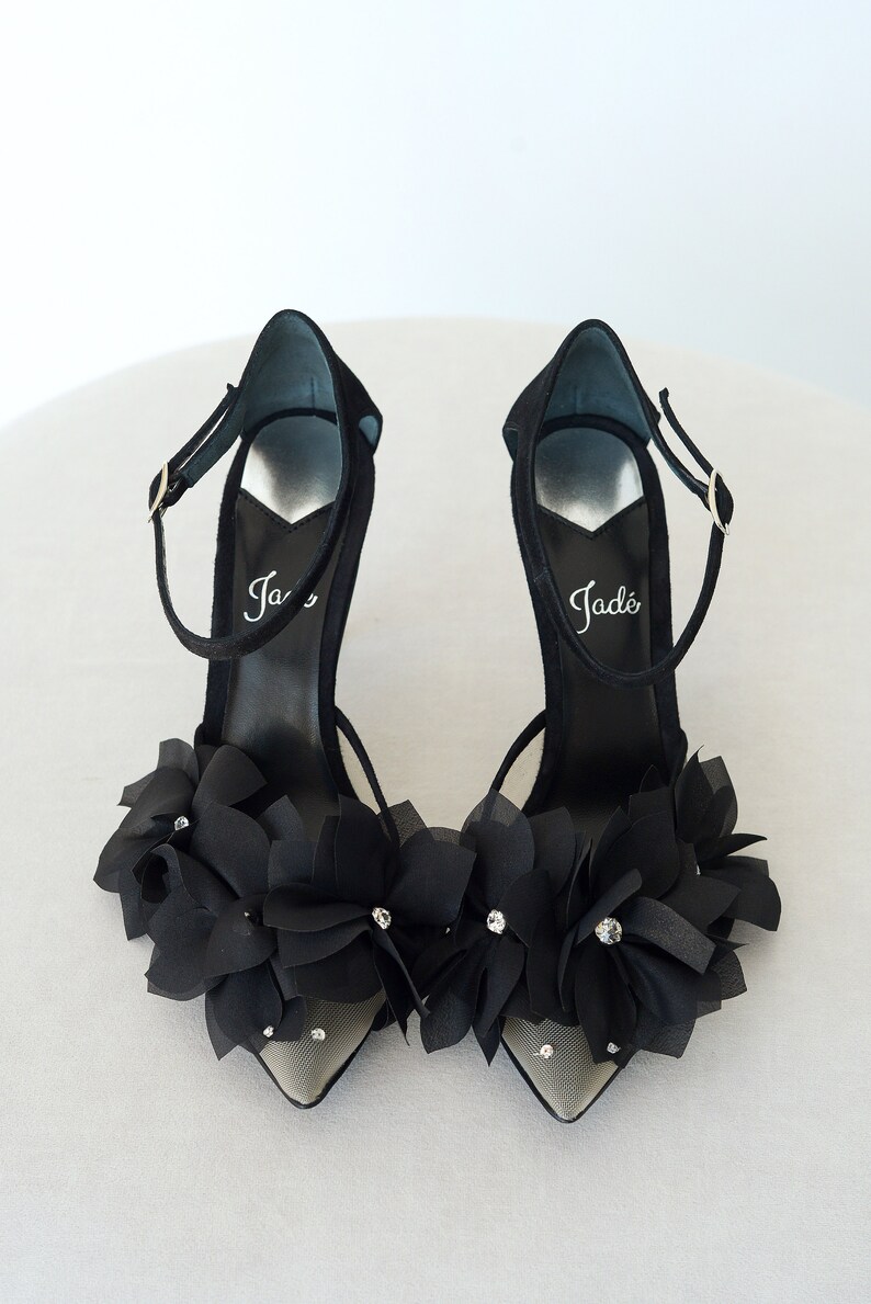 Black Wedding Shoes With Black Flowers and Pointy High Heels - Etsy