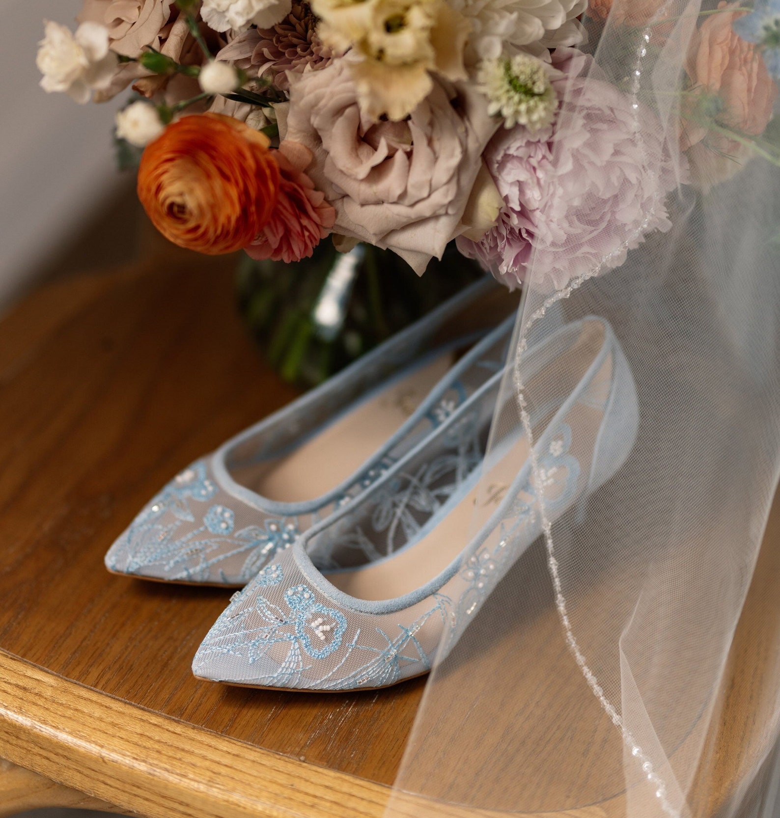 Blue Wedding Pumps With Mid Pointy Heel and Floral Embroidery - Etsy