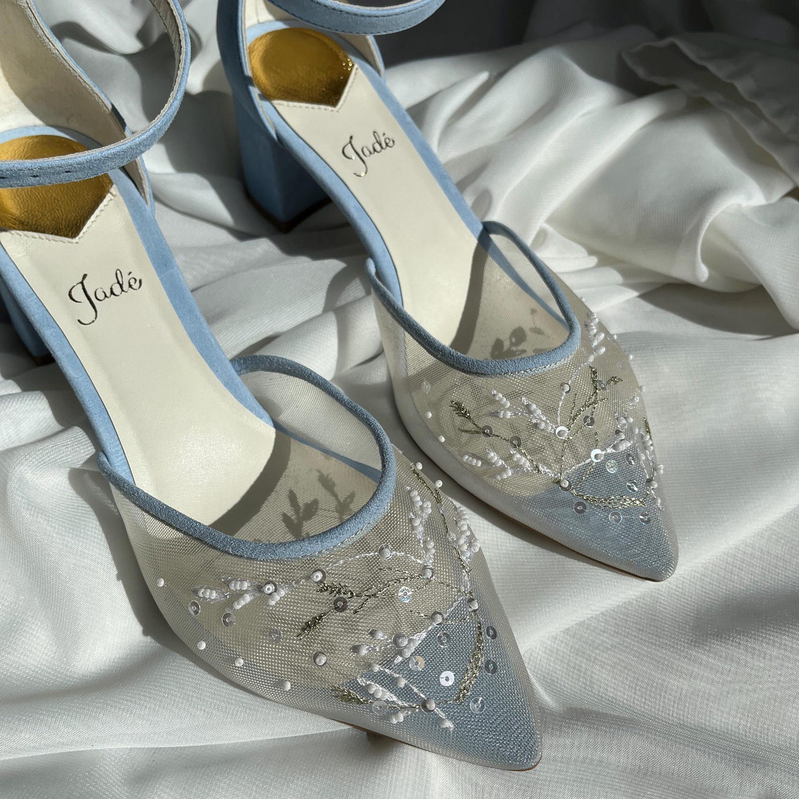 Blue Wedding Sandals With Low Block Heels, Ankle Strap and Handmade ...