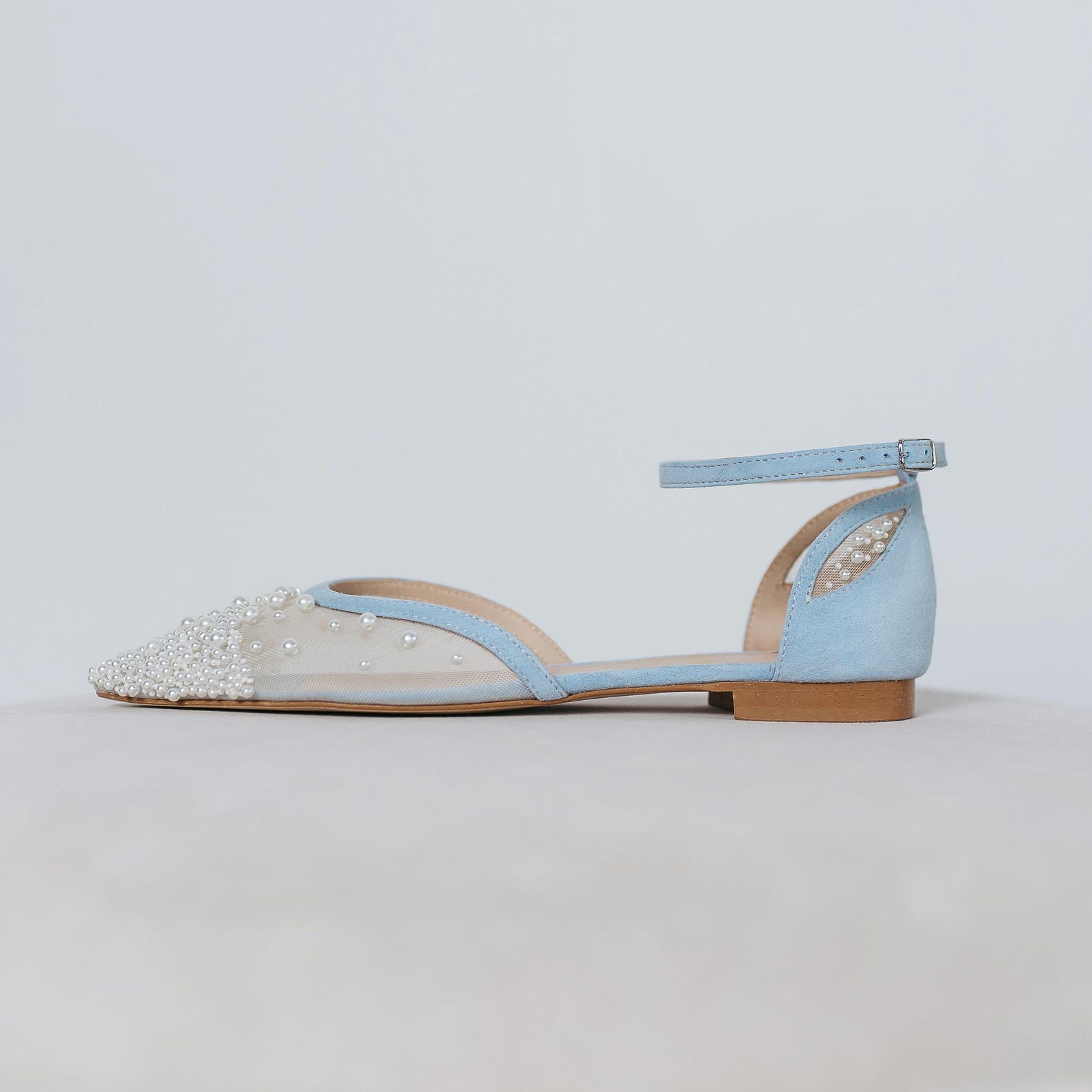 Blue Wedding Flat Sandals With Pearl Embroidery on Pointy Toe, Bridal ...