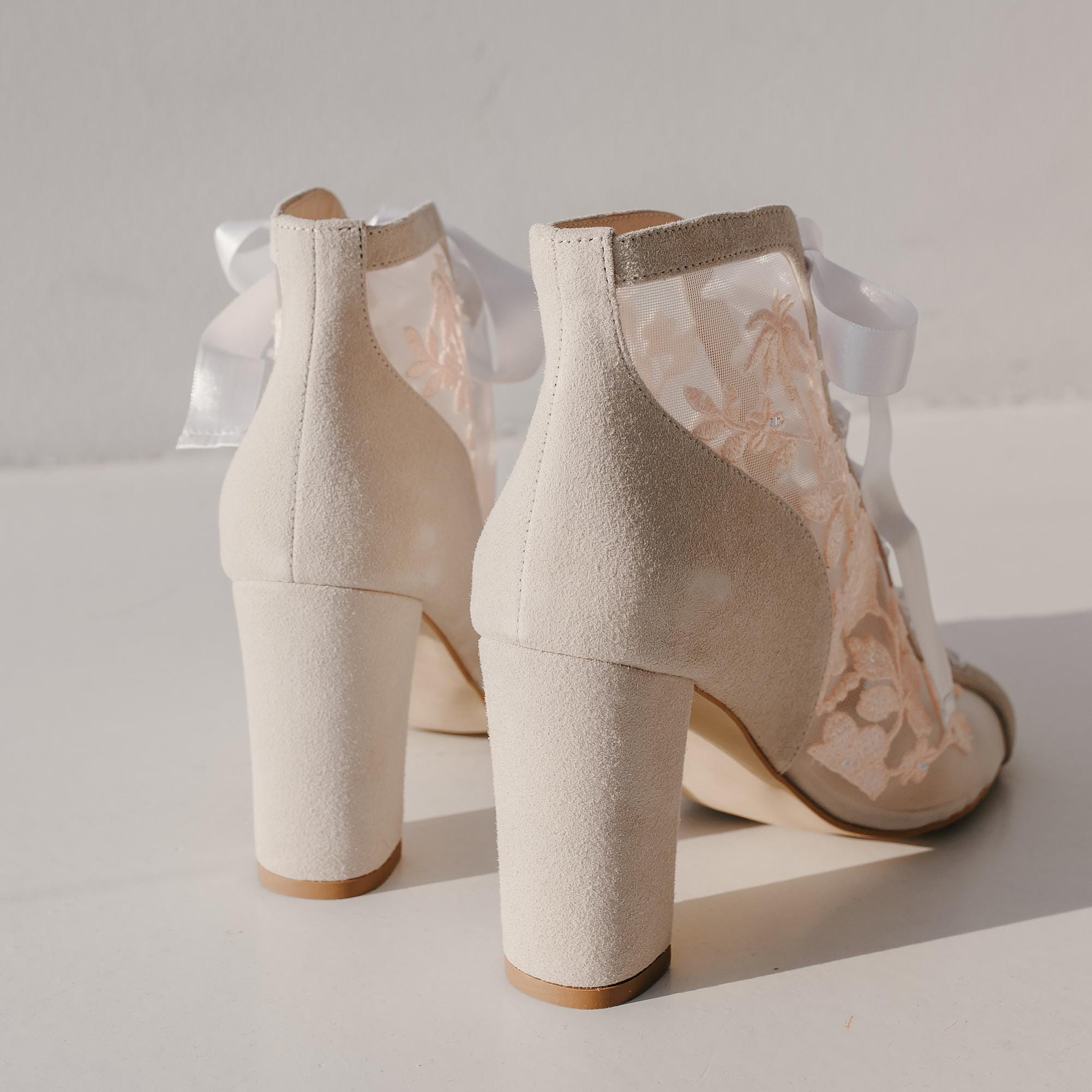Lace Ivory Wedding Shoes With Block Heels, Flower Embroidered Boots ...