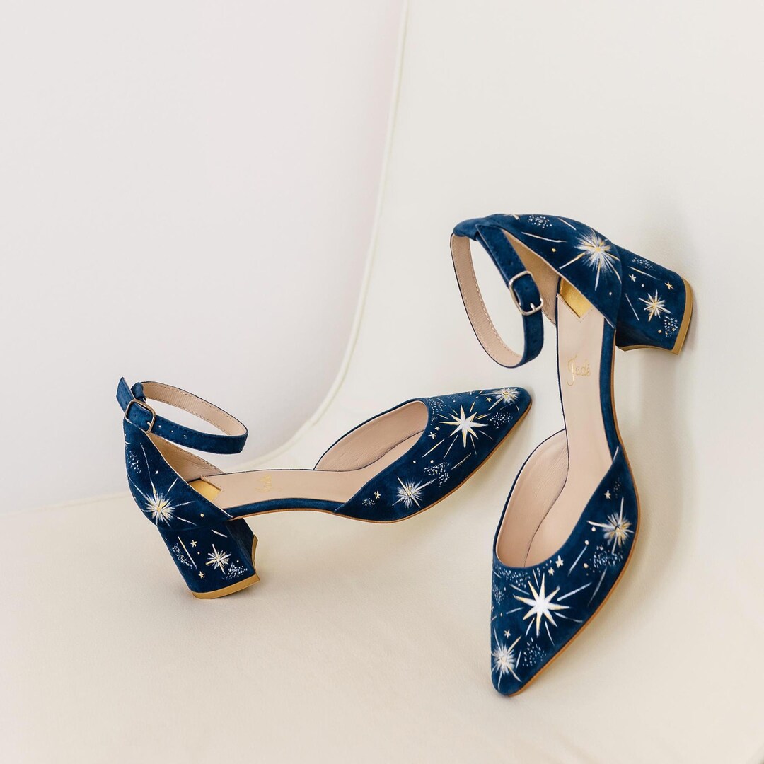 Blue Hand Painted Celestial Bridal Sandals With Stars, Wedding Shoes ...