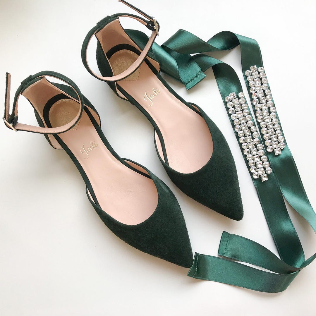 Emerald Green Wedding Sandals With Low Block Heels and Ankle Strap ...