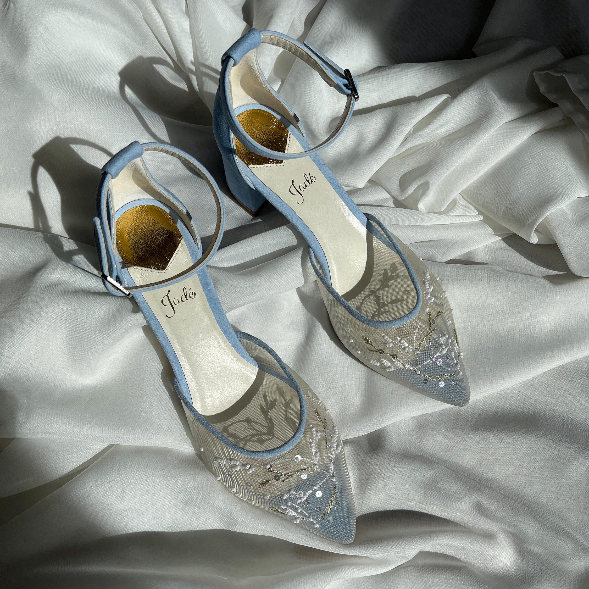 Blue Wedding Sandals With Low Block Heels, Ankle Strap and Handmade ...