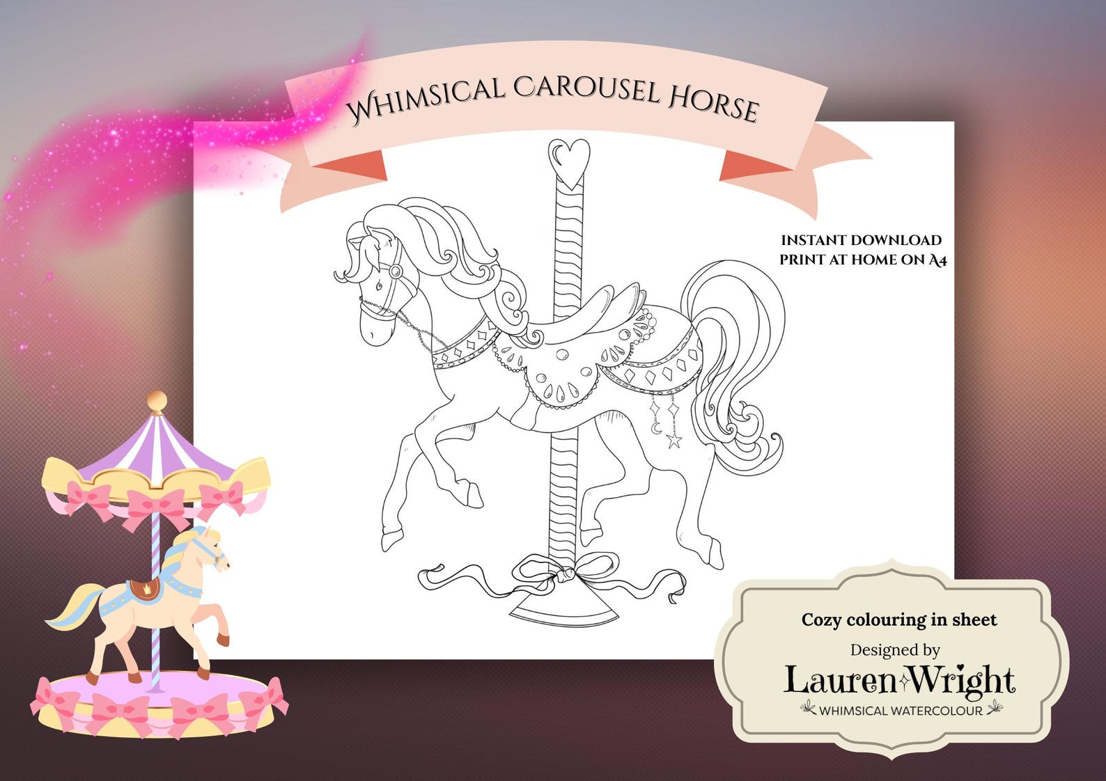 Whimsical Carousel Horse Colouring Page - Etsy