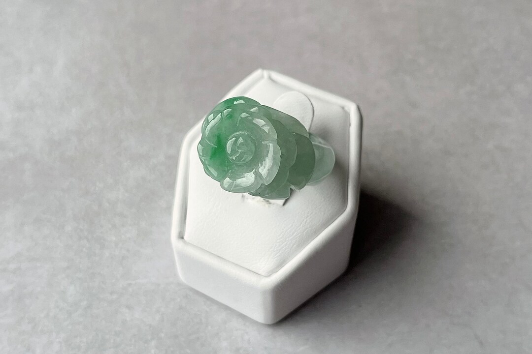 Size 7.25 Jade Flower Ring, Natural Icy Green Burmese Jadeite Carved ...