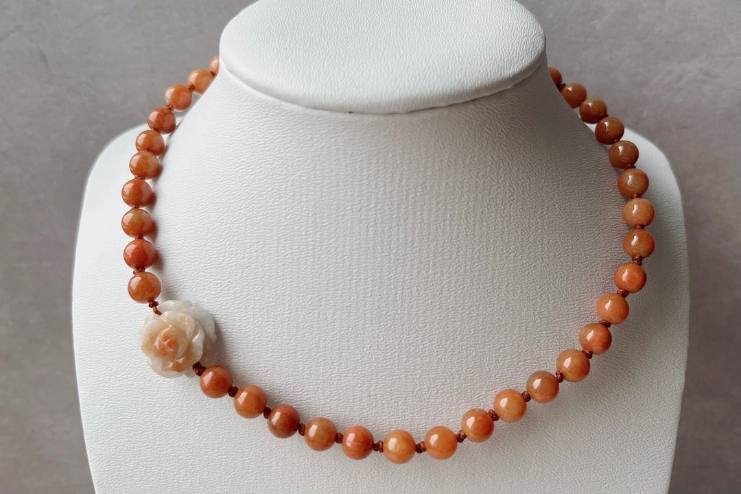 Natural Red Jadeite Asymmetrical Flower Pendant Beaded Choker, Red Jade ...
