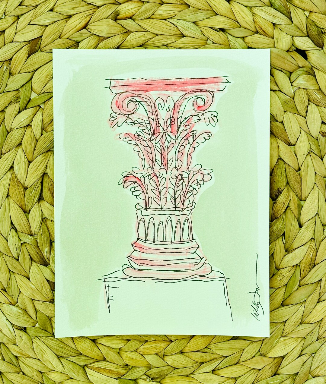 Pink Corinthian Column Illustration Painting on Watercolor Paper 6” X 8 ...