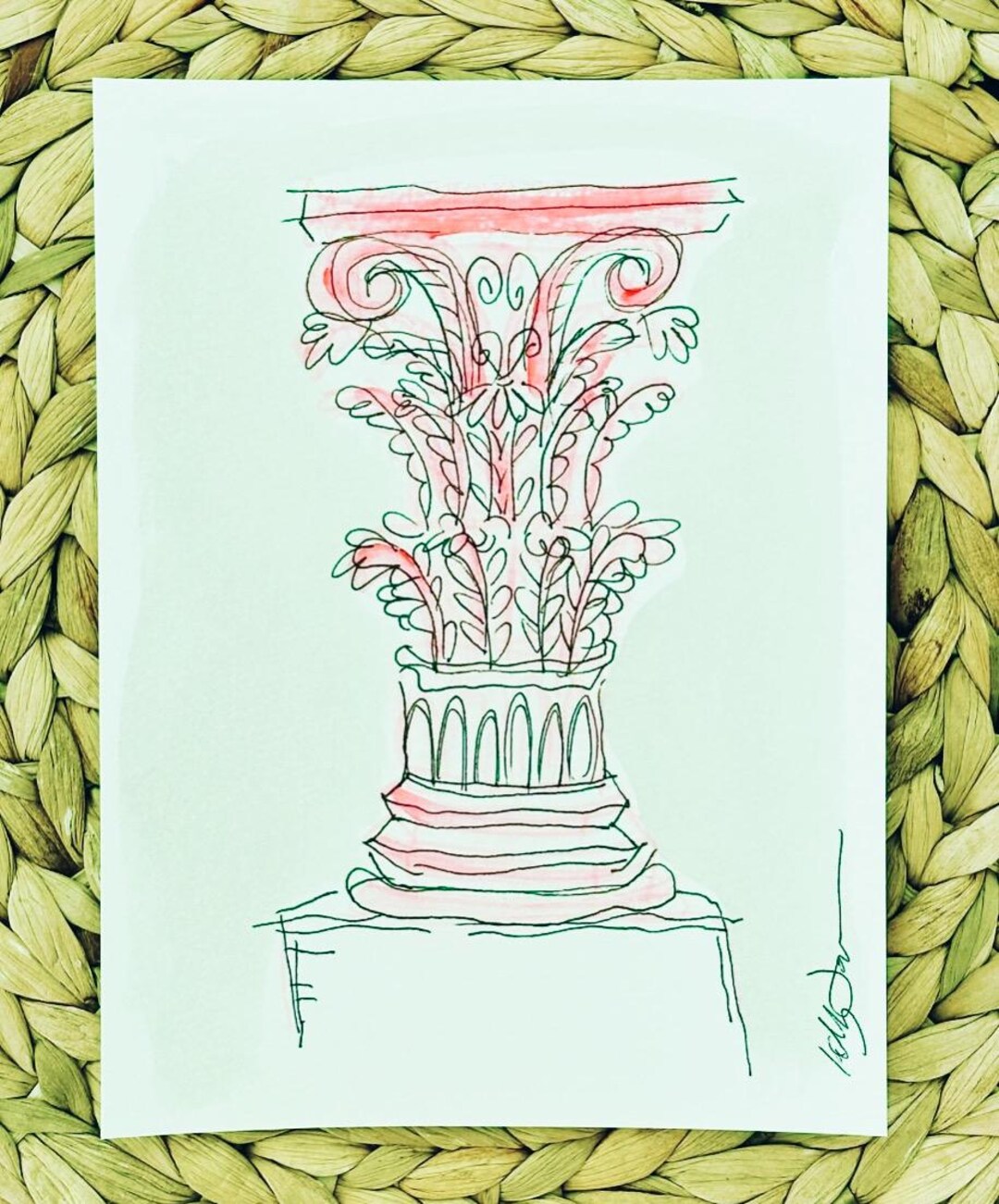 Pink Corinthian Column Illustration Original Painting on Watercolor ...