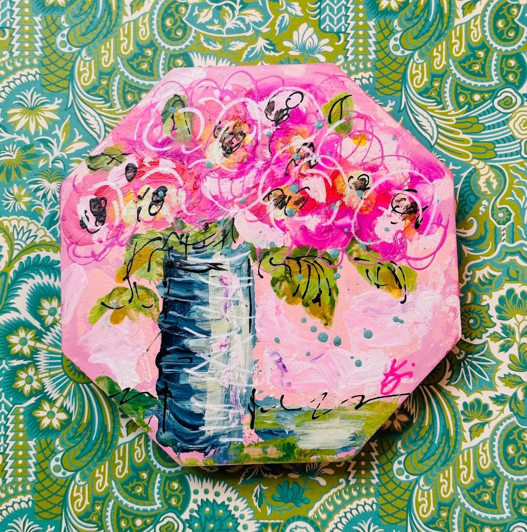 Pink Peonies Original Octagon Painting on Wood Kellyjacksonfineart - Etsy