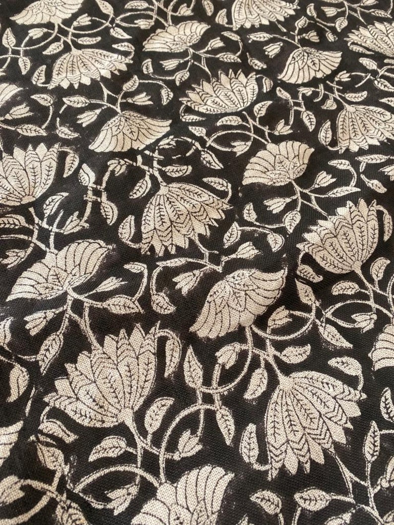 Tulip Flower , Block Print Thick Linen Fabric | Black Floral Print ...