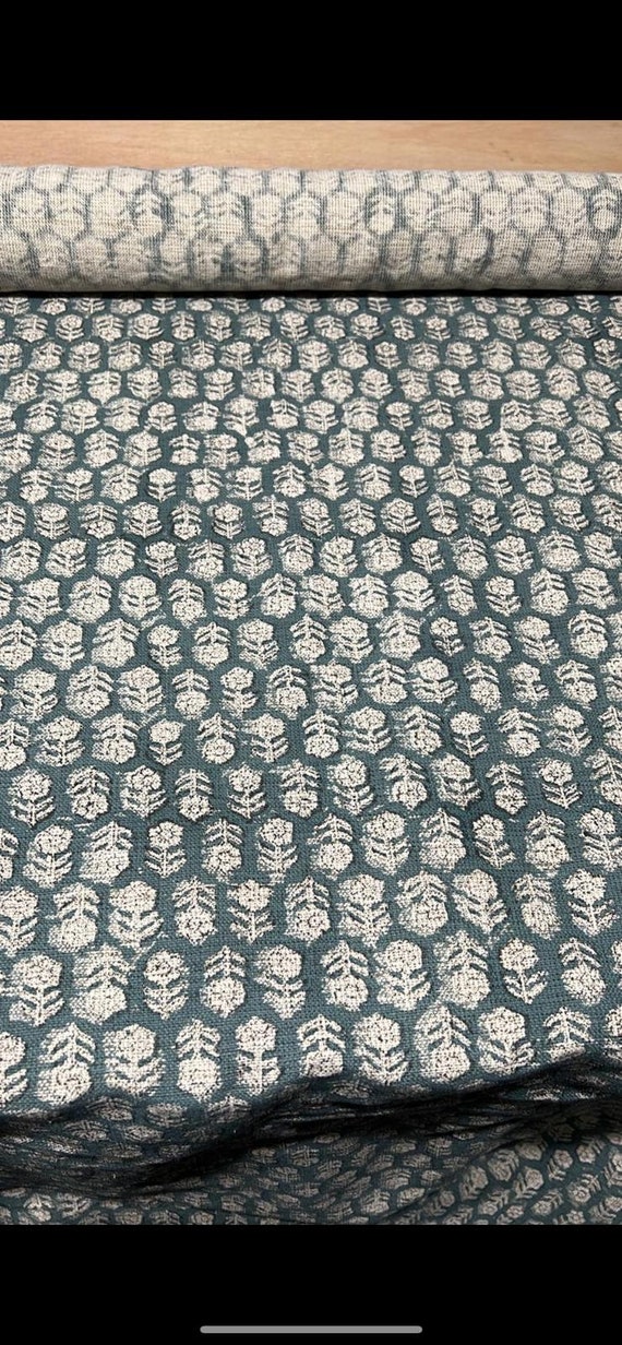 Block Print Handloom Linen Fabric Heavy Linen Fabric Teal Blue | Etsy