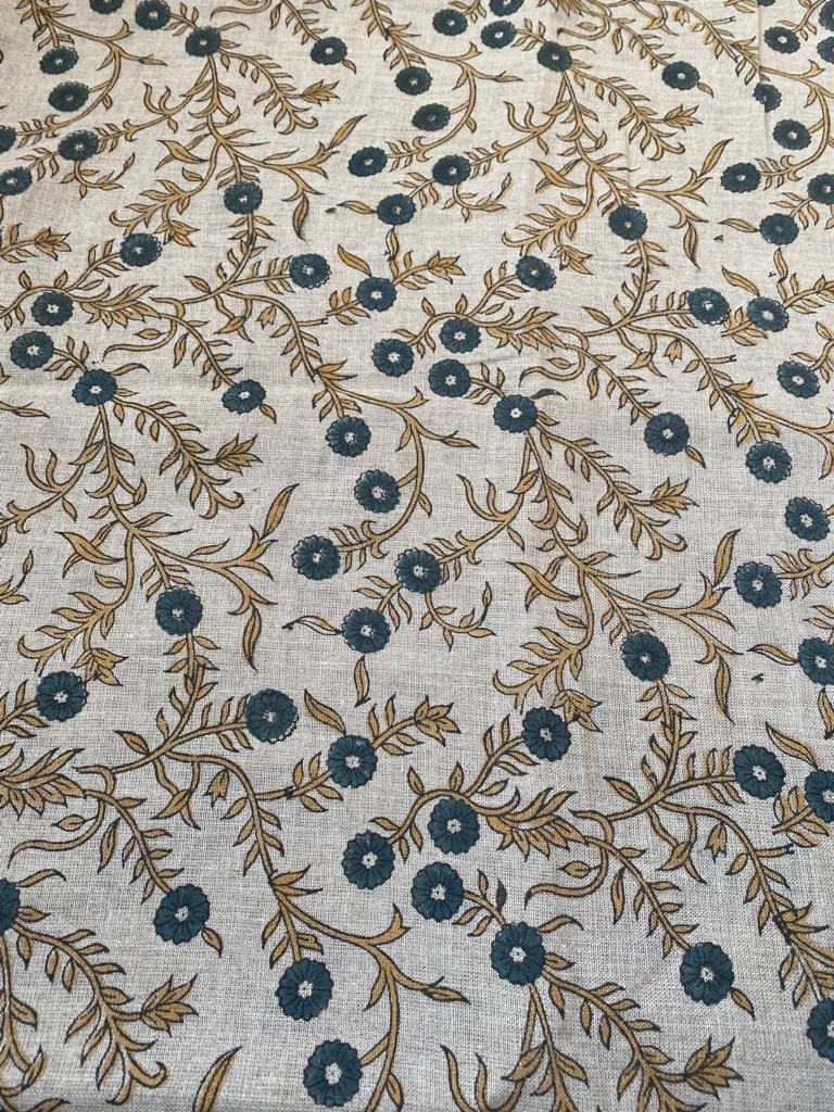 Adele//block Print Handloom Linen Fabric Linen Fabric Teal Blue Flower ...
