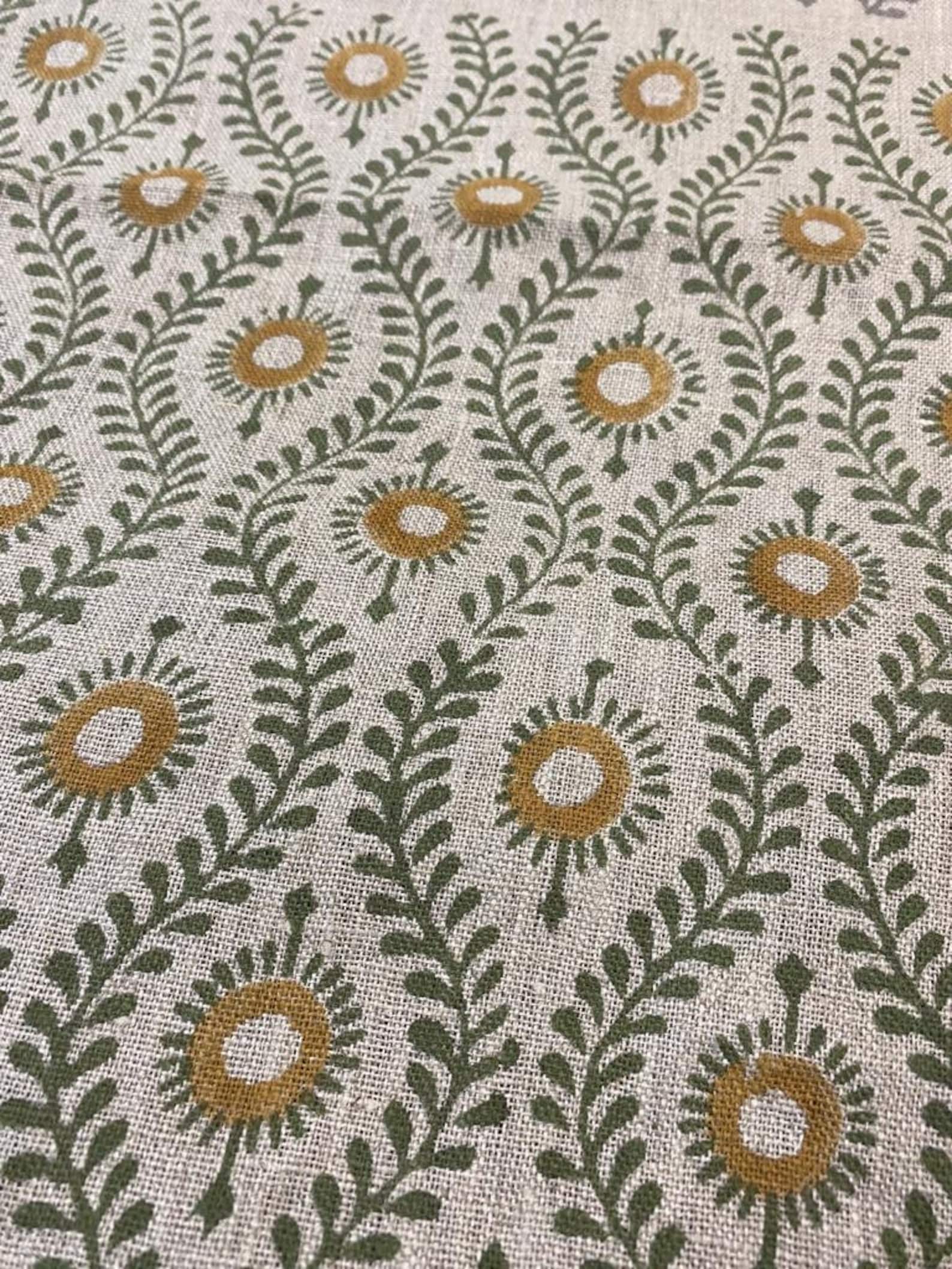 SHARRA || Handloom Linen Fabric Linen Fabric Flower Olive Green With ...