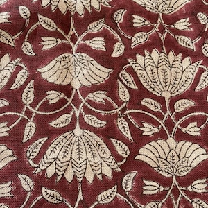 Tulip Flower , Block Print Thick Linen Fabric | Dark Red Floral Print ...