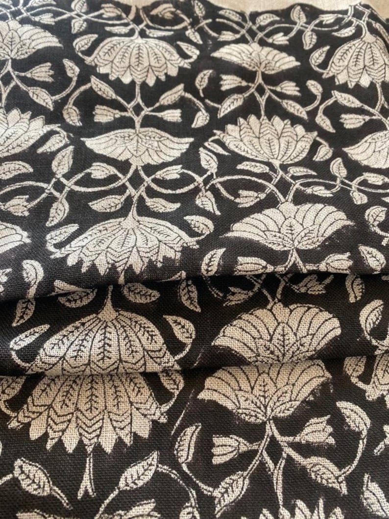 Tulip Flower Block Print Thick Linen Fabric Black Floral - Etsy