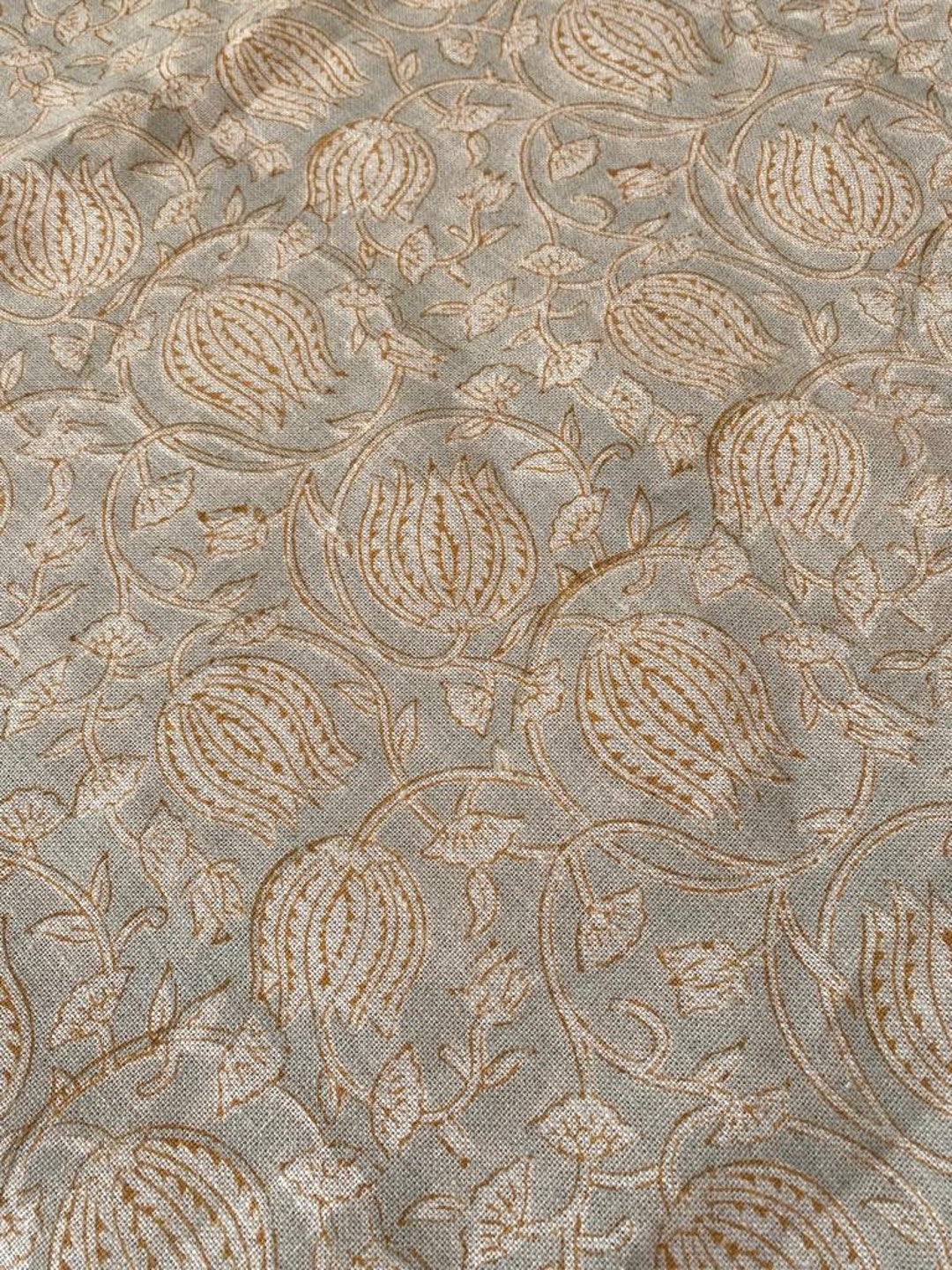 Lotus//flower , Block Print Thick Linen Fabric | Pale Blue Floral Print ...