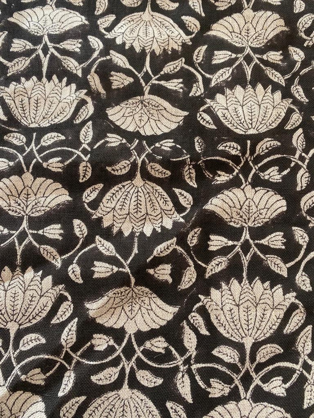 Tulip Flower , Block Print Thick Linen Fabric | Black Floral Print ...