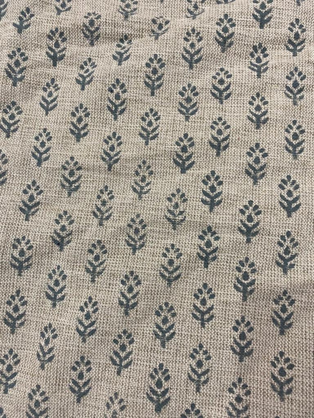 Block Print Handloom Linen Fabric Heavy Linen Fabric Grey Blue Flower ...