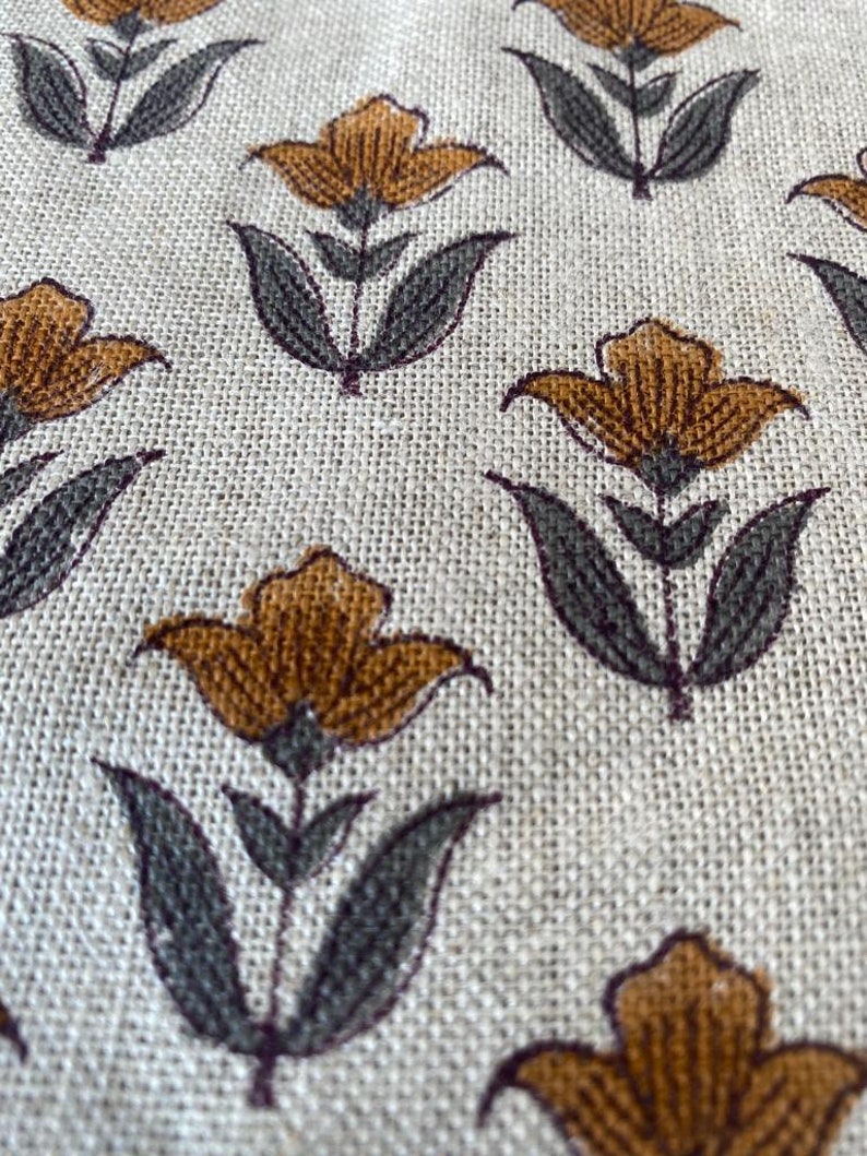 Small// Flower Block Print Handloom Linen Fabric ,upholstery Fabric ...