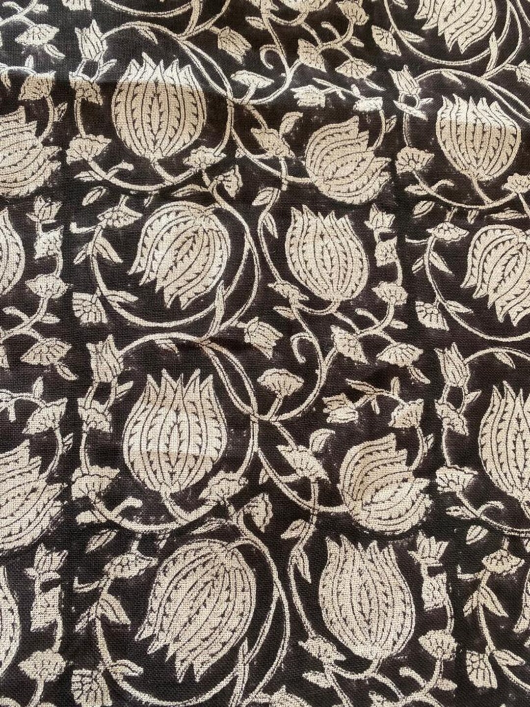 Lotus Flower , Block Print Thick Linen Fabric | Black Floral Print ...