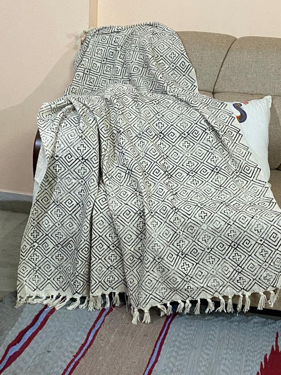 Boho Mud Cloth Throw Blanket With Tassels Hand Loomed Block Print ...