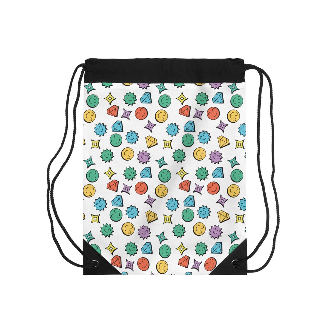 Colorful Cartoon Drawstring Bag, White Gym Sack With Gems & Smileys ...