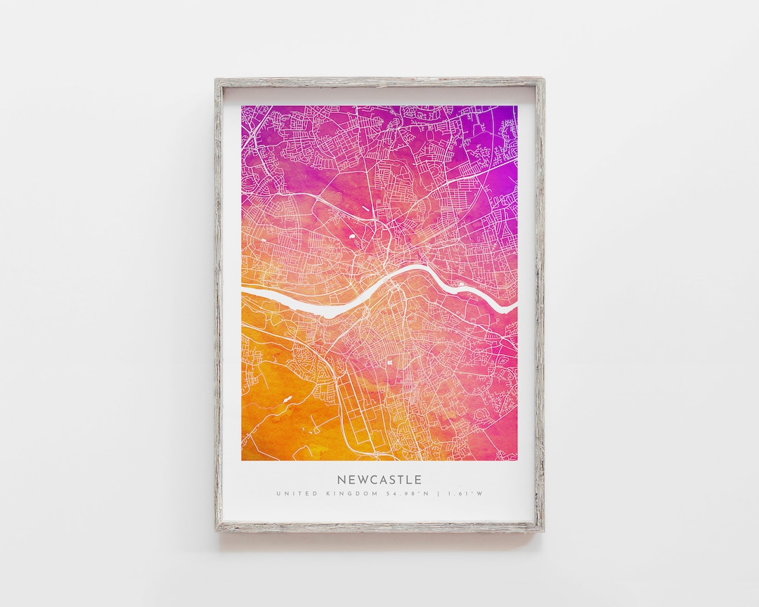 Newcastle City Centre Map, Watercolour Wall Art, New Home Gift, City ...