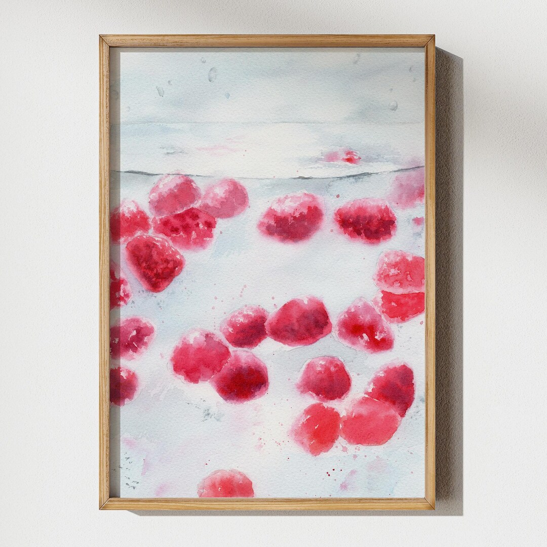 Pink Raspberry Watercolor Painting Retro Cottagecore Decor Berries ...