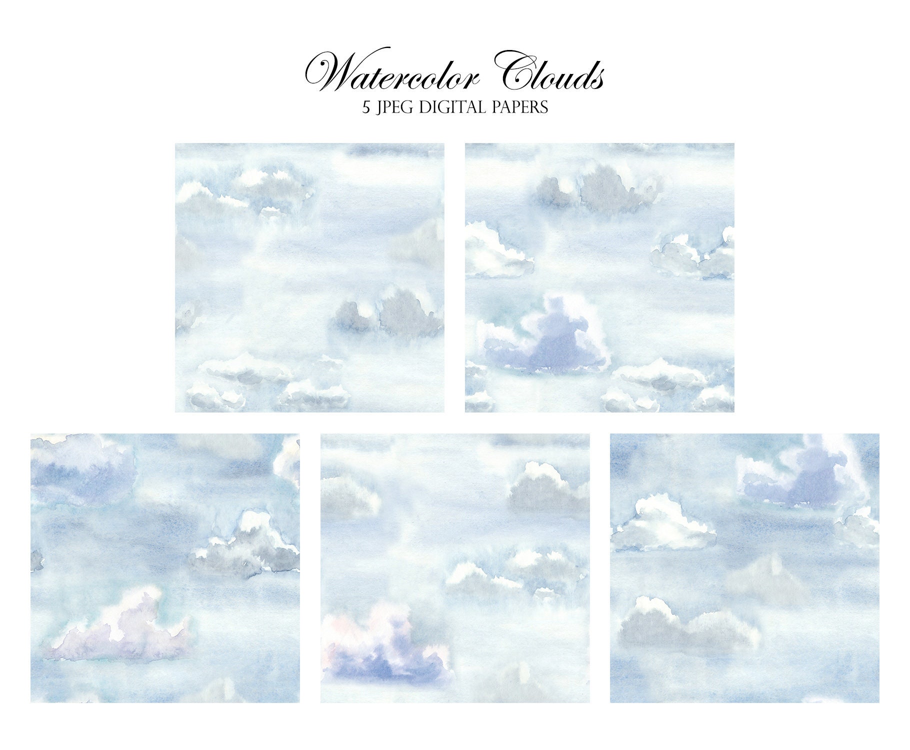 Watercolor Sky and Clouds. Seamless Patterns. Digital Background for ...