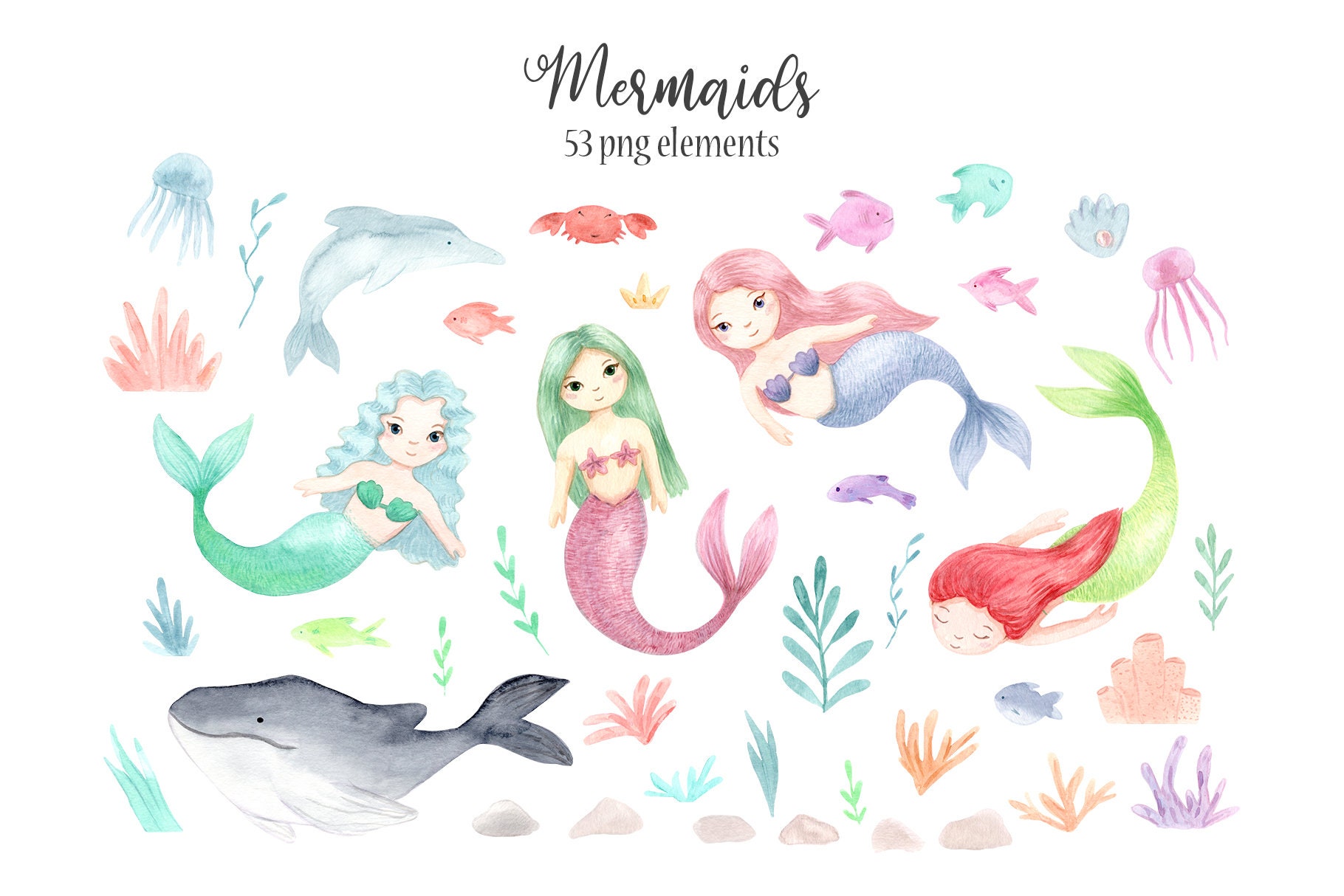 Mermaid Watercolor Clipart. Mermaids Tails, Tail Digital Png Clip Art ...