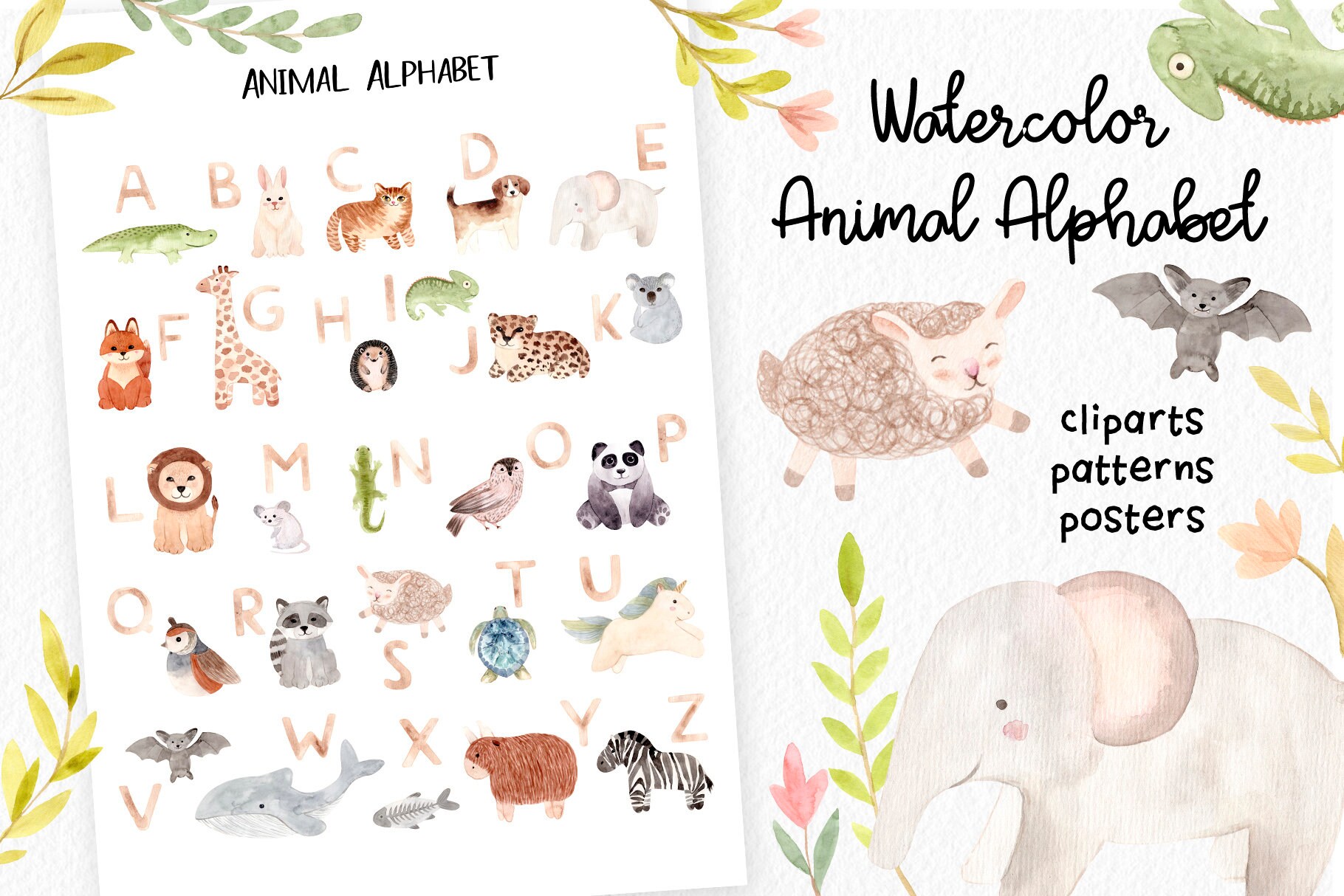 Watercolor Animal Alphabet. Cliparts, Patterns, Posters. Animals ...