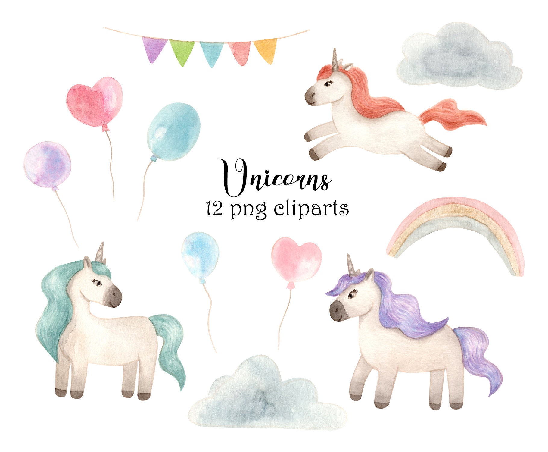 Unicorn Clipart. Unicorns Watercolor Birthday Party. Horse Digital Png ...