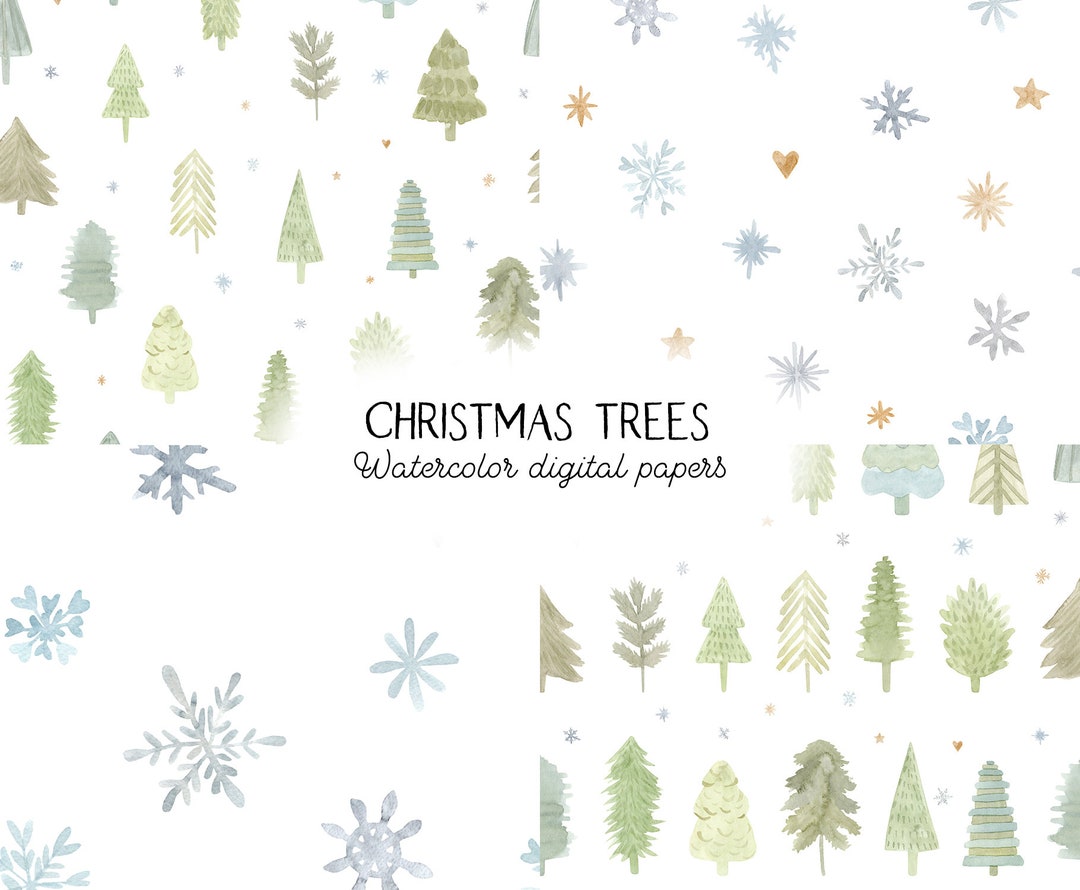 Watercolor Christmas Tree Digital Paper. Holiday PNG Seamless Pattern ...