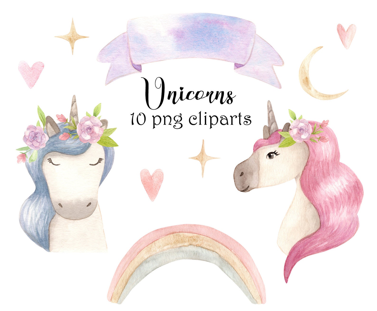 Unicorn Face Clipart. Unicorns Head. Watercolor Horse Digital Png Clip ...
