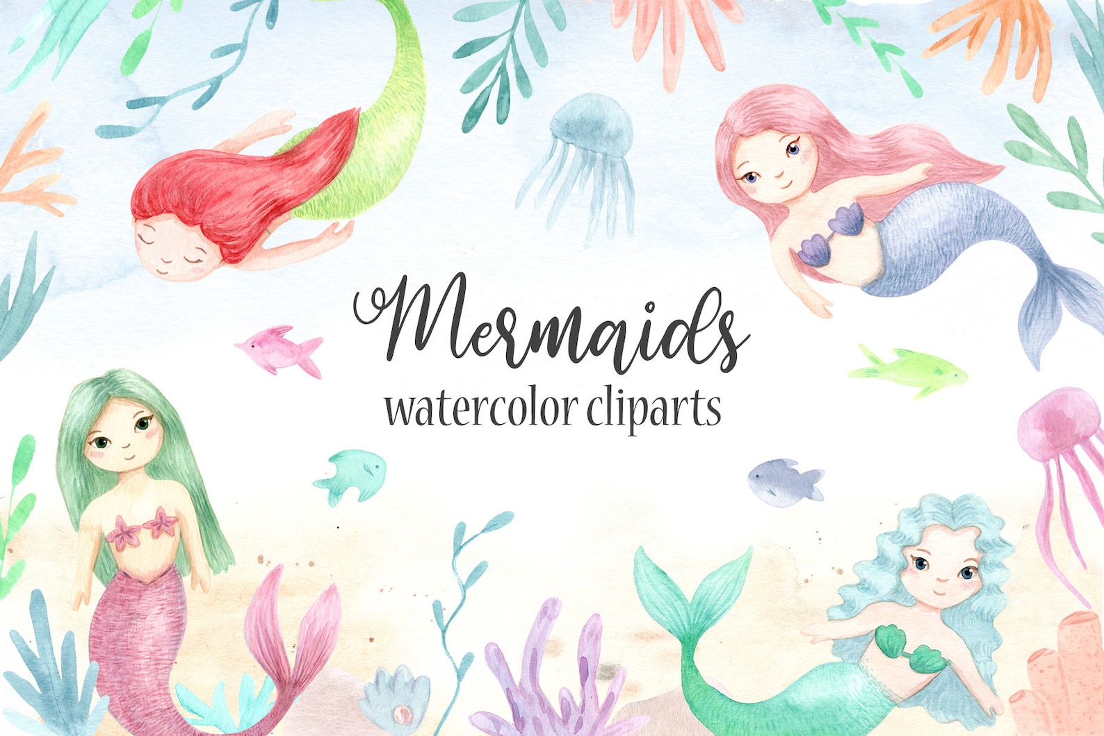 Mermaid Watercolor Clipart. Mermaids Tails Tail Digital Png | Etsy
